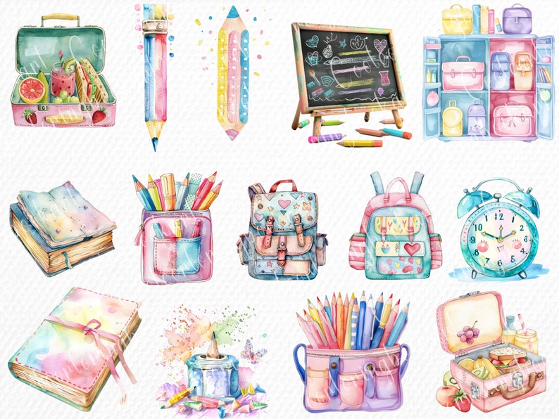 40 PNG Watercolor Back to School , Clip Art PNG Digital Downloads. - Etsy