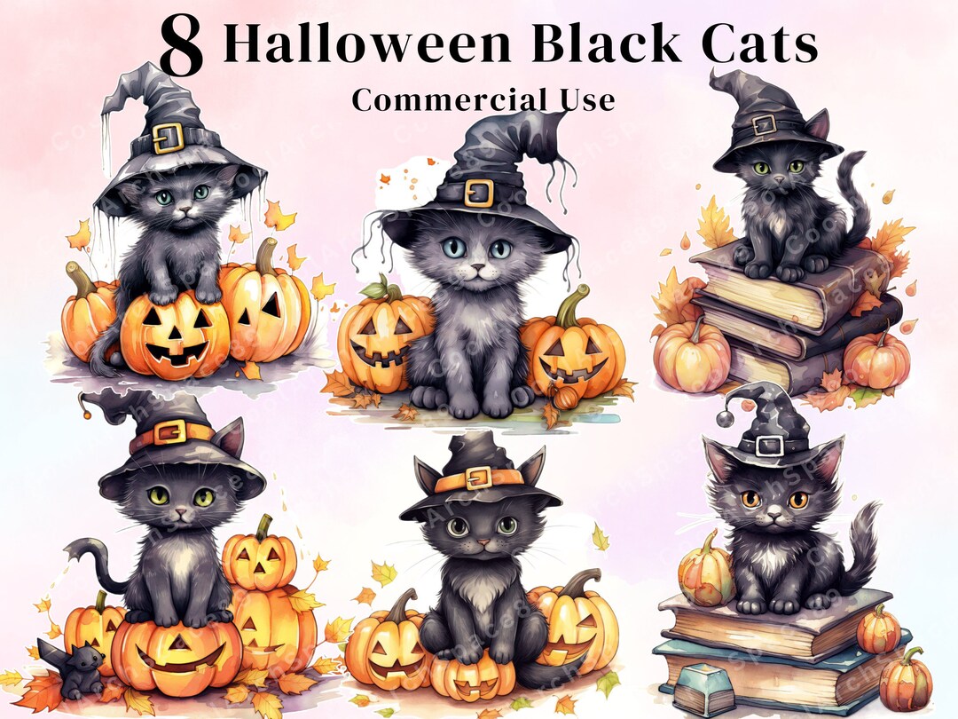8 Halloween Black Cat Clipart, Watercolor Kitten Clipart, Halloween PNG ...