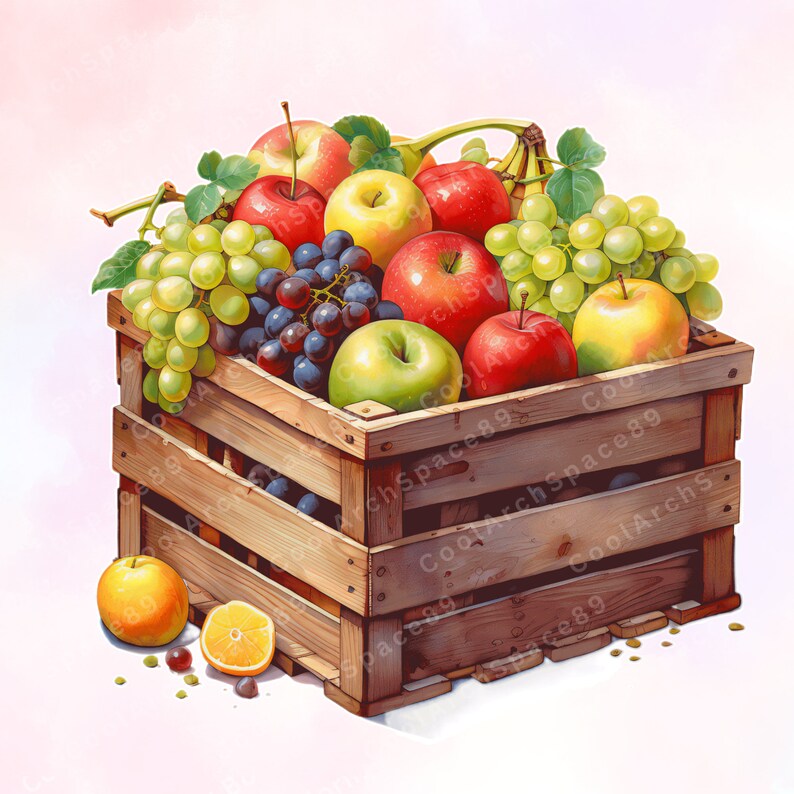 12 PNG Wood Crate With Fruits Shabby Chic Clipart Digital Watercolor ...