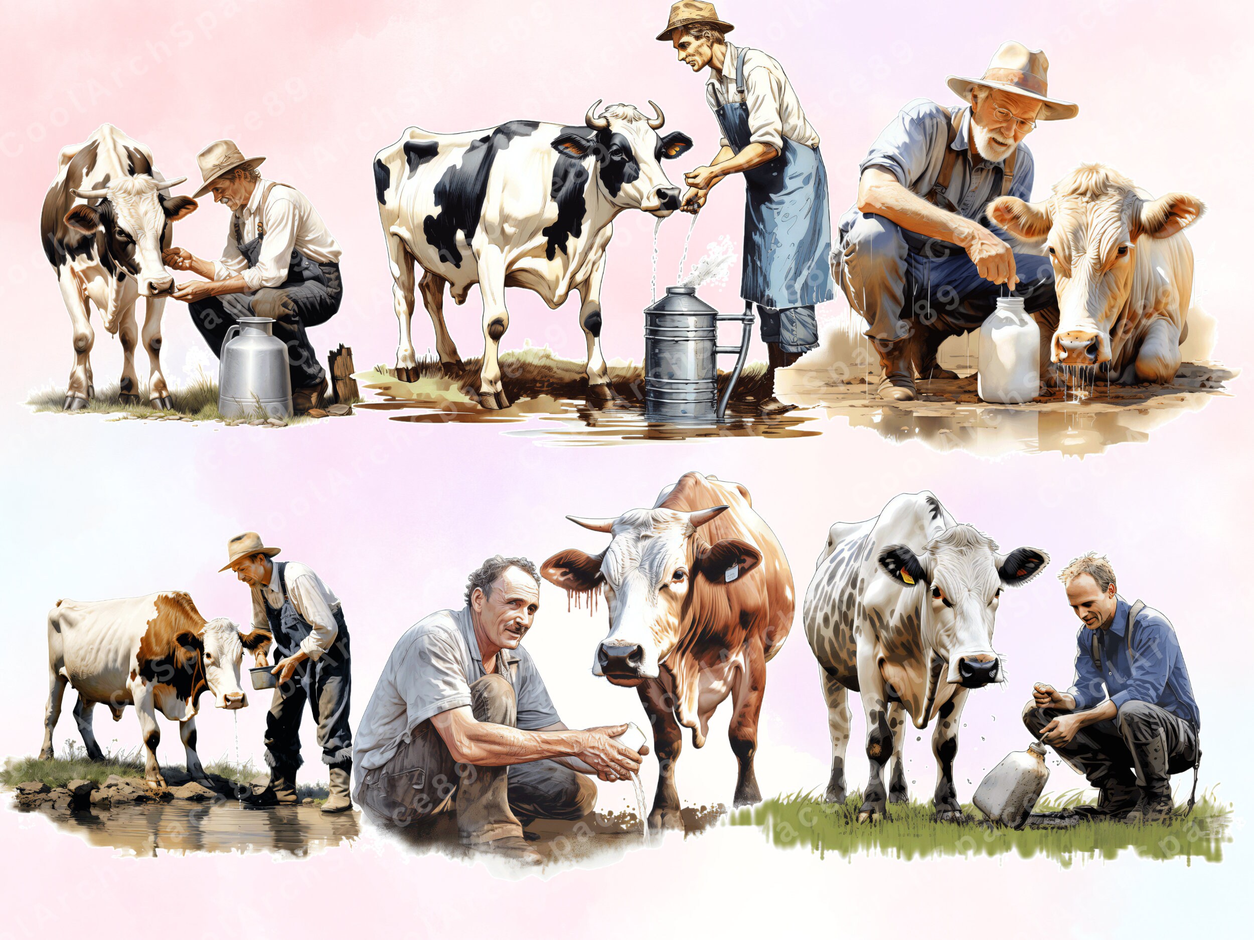 Dairy Farm Watercolor Clipart: Milk, Cheese, Cows (PNG Digital Download ...
