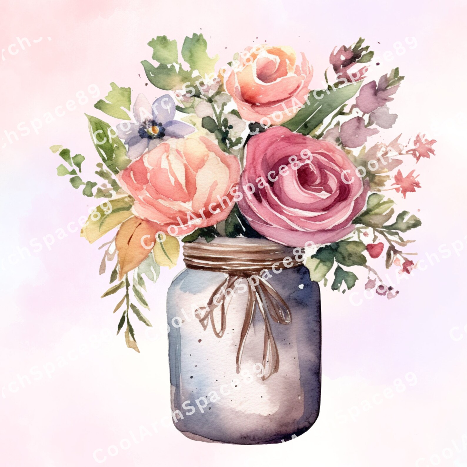 16 Mason Jar Flowers Clipart PNG Pink Watercolor Glass Vase Bouquet ...