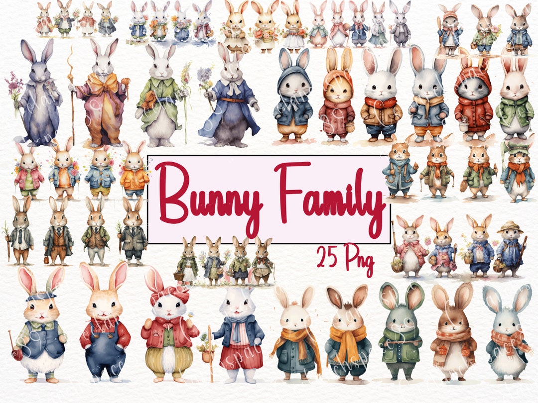 24 Watercolor Easter Bunny Family Clipart Bundle, Cute Bunnies PNG Set ...