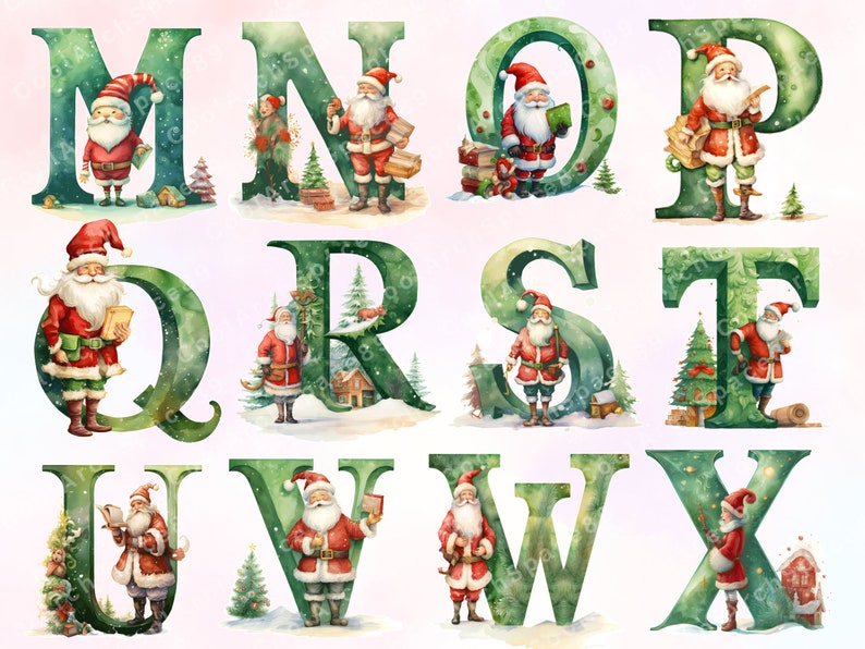 Watercolor Letter Santa Alphabet Watercolor Clipart, Floral Letters ...