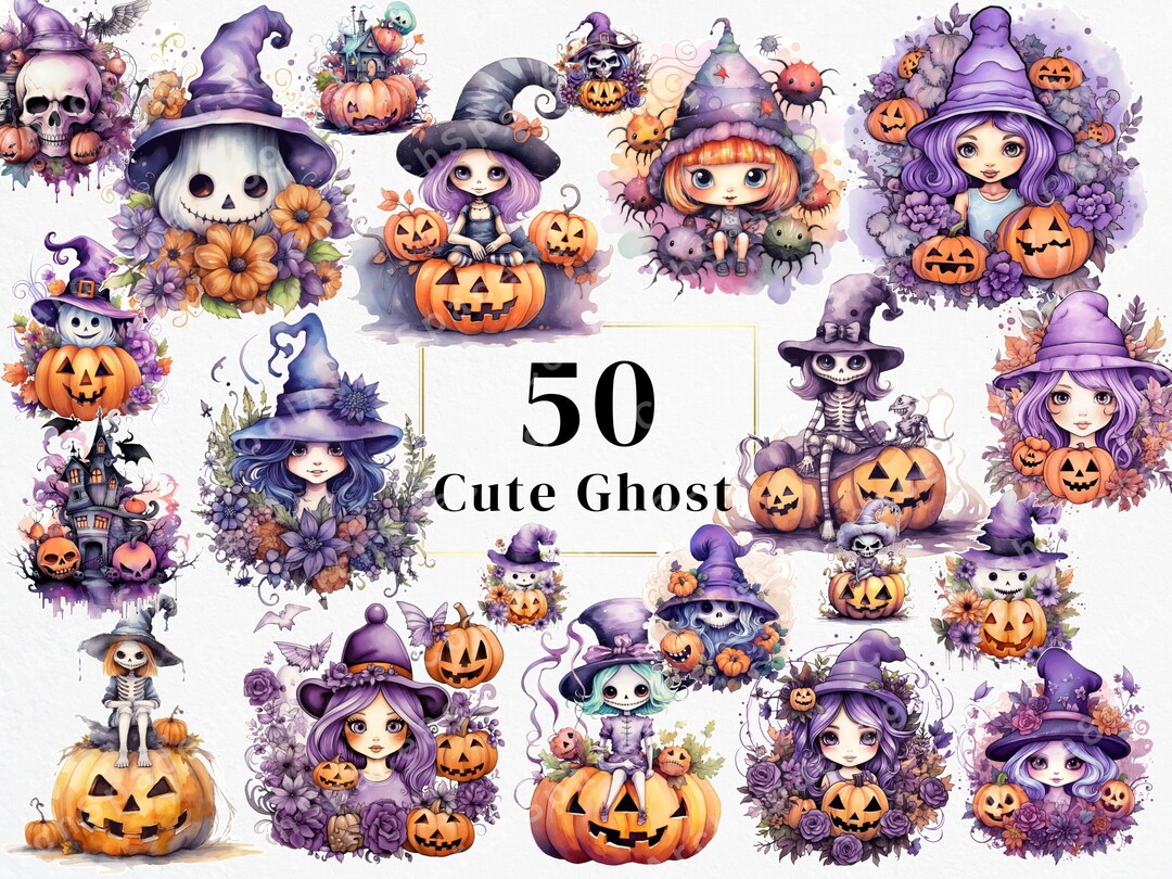 50 Spooky Halloween Ghost Clipart Bundle , Watercolor Clipart ...