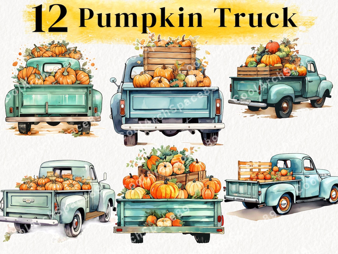 12 Watercolor Vintage Truck Bundle With Pumpkins Clipart, Fall PNG ...