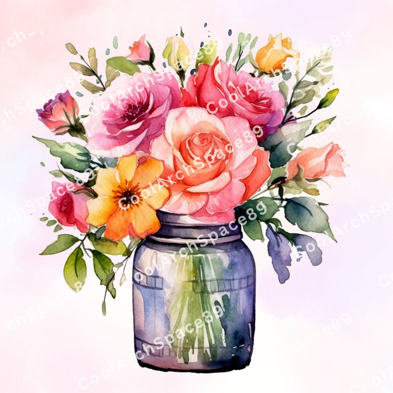16 Mason Jar Flowers Clipart PNG Pink Watercolor Glass Vase Bouquet ...