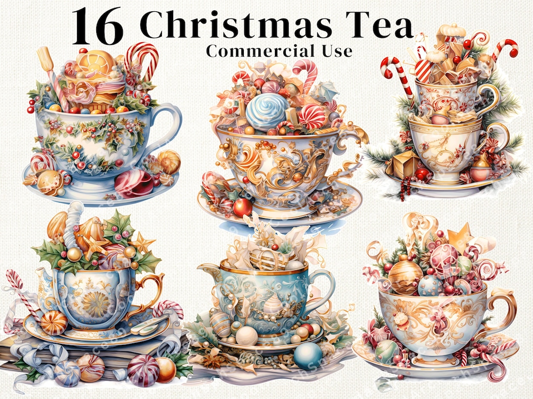 16 Watercolor Christmas Tea Clipart, Winter Holiday Tea Cups, Garden ...