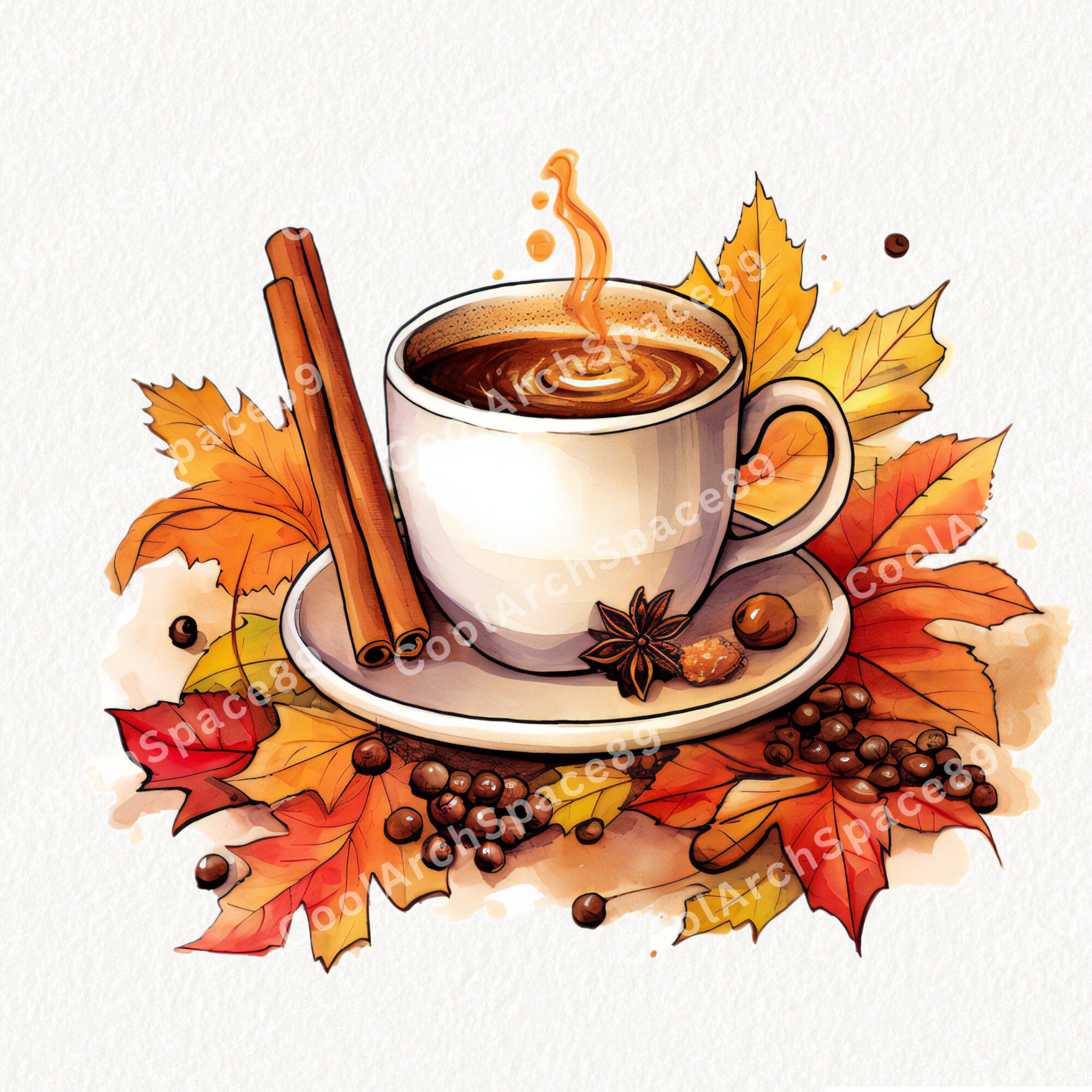 9 Fall Coffee Clipart PNG Watercolor Pumpkin Sublimation - Etsy
