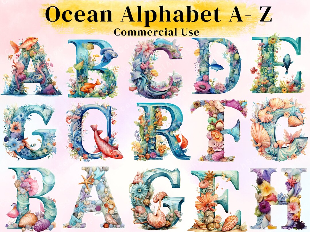 52 Alphabet Under Ocean and Floral , Underwater World Watercolor Png ...