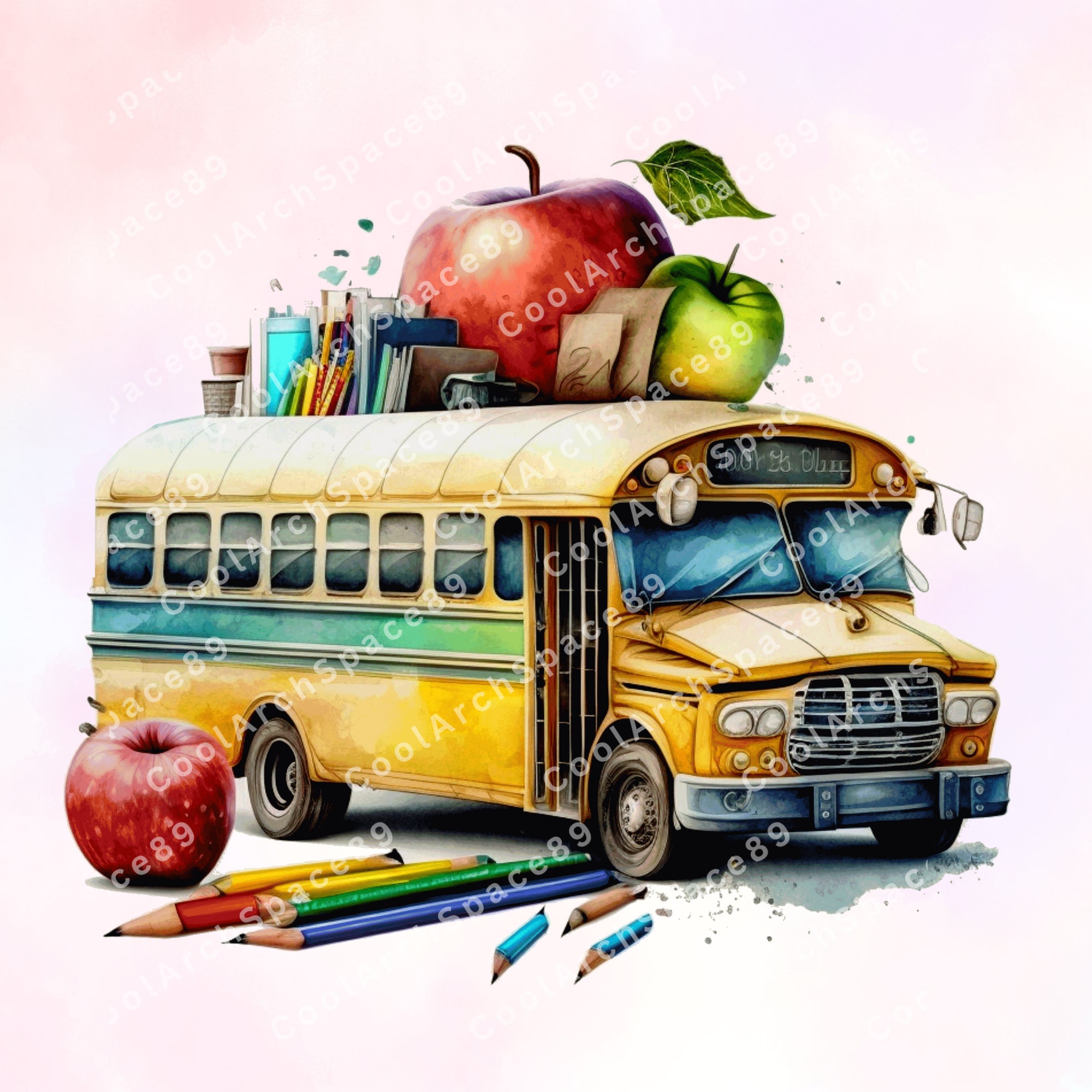8 School Bus Watercolor Clip Art Bundle , Digital Planner, Back to ...