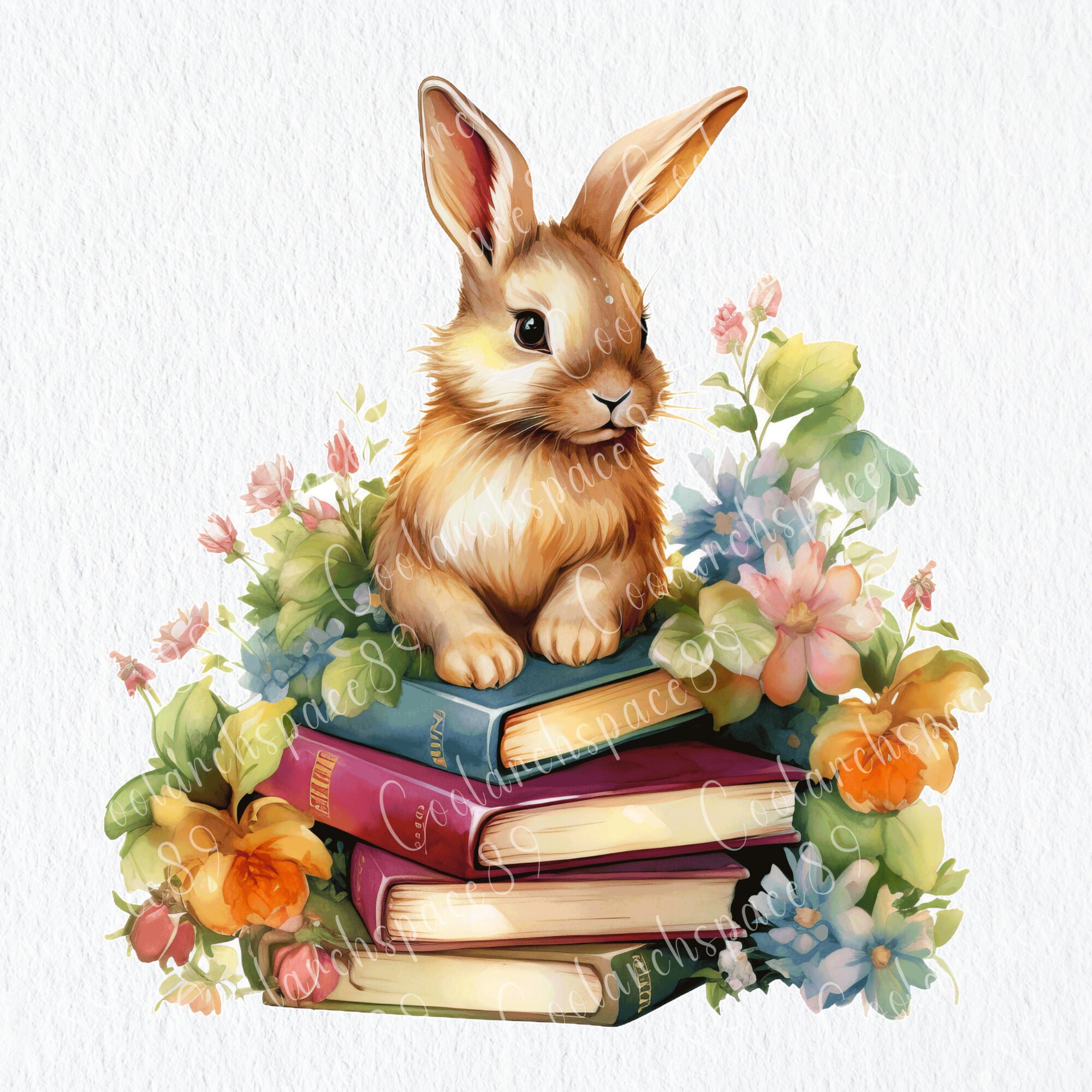 20 Rabbit Sitting on A Stack of Books Clipart, Watercolor Books, Rabbit ...
