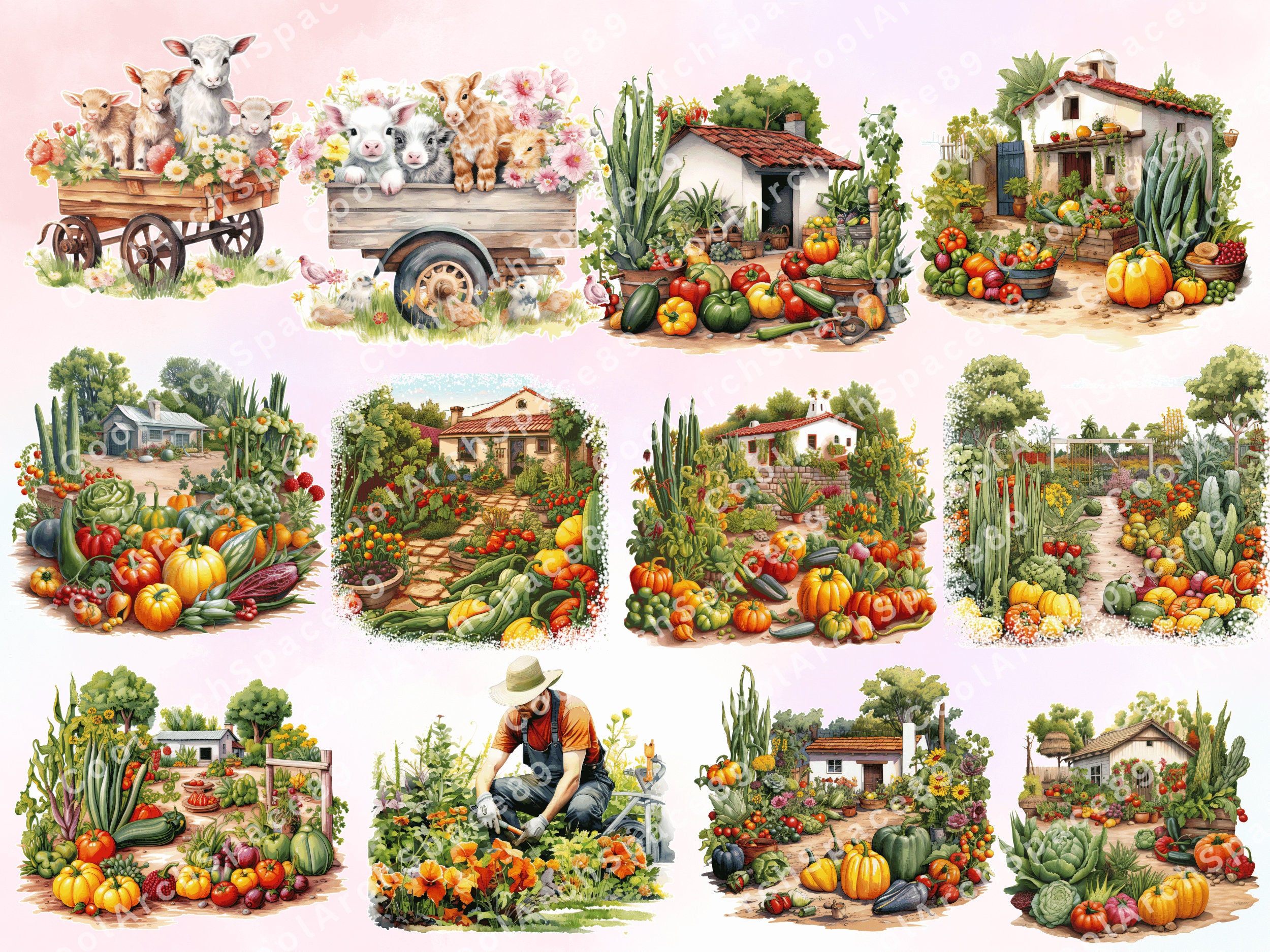 100 Watercolor Farmland Clipart Bundle: Western Farm Graphics (digital ...