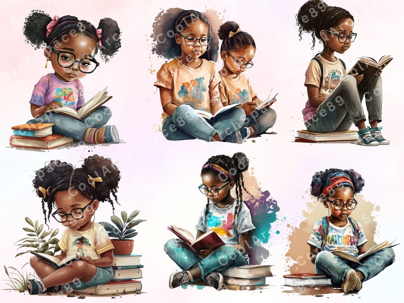 15 Watercolour Black Girl Reading Clipart, Girl Studying Clipart, Book ...