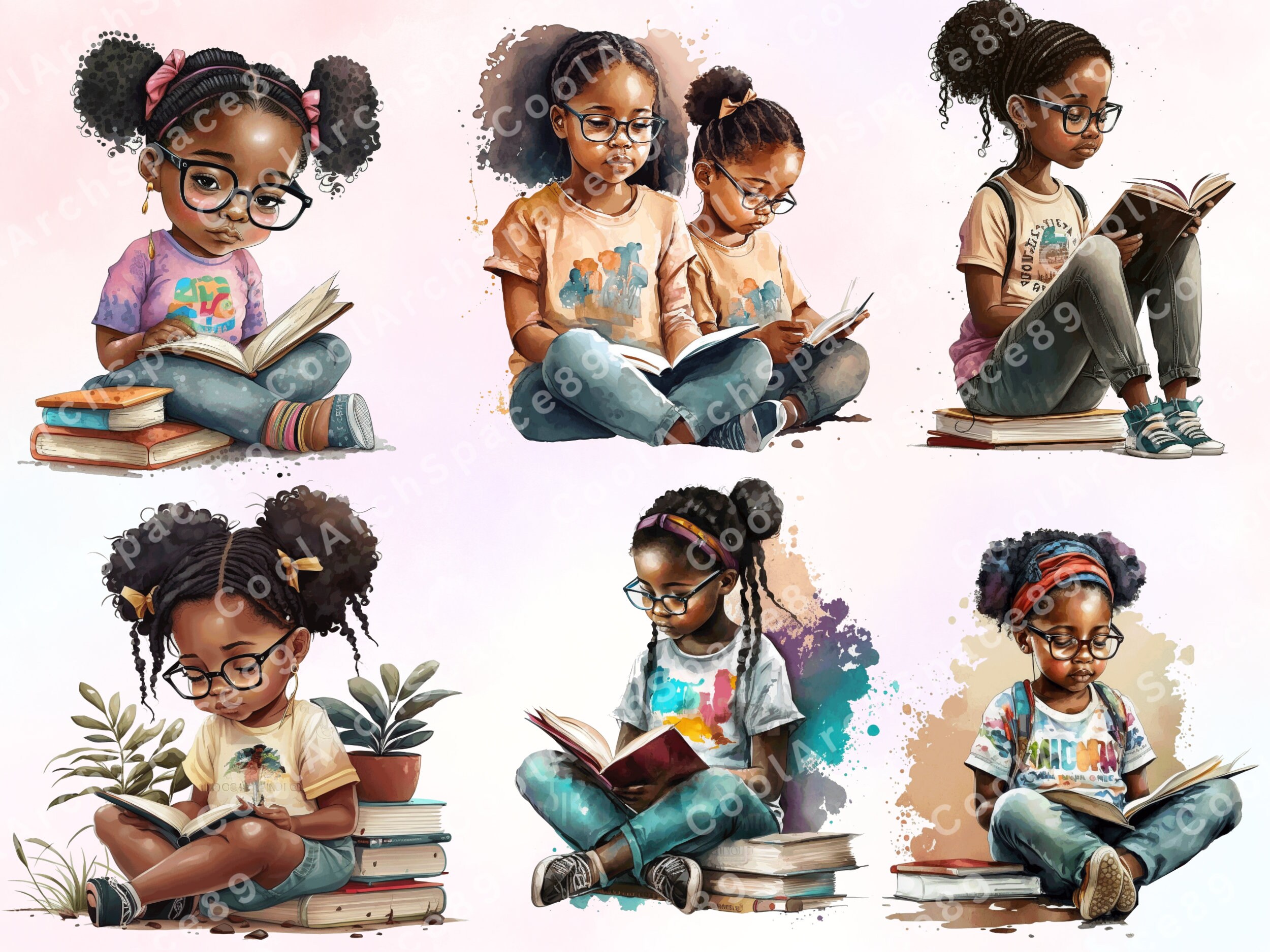 15 Watercolour Black Girl Reading Clipart, Girl Studying Clipart, Book ...