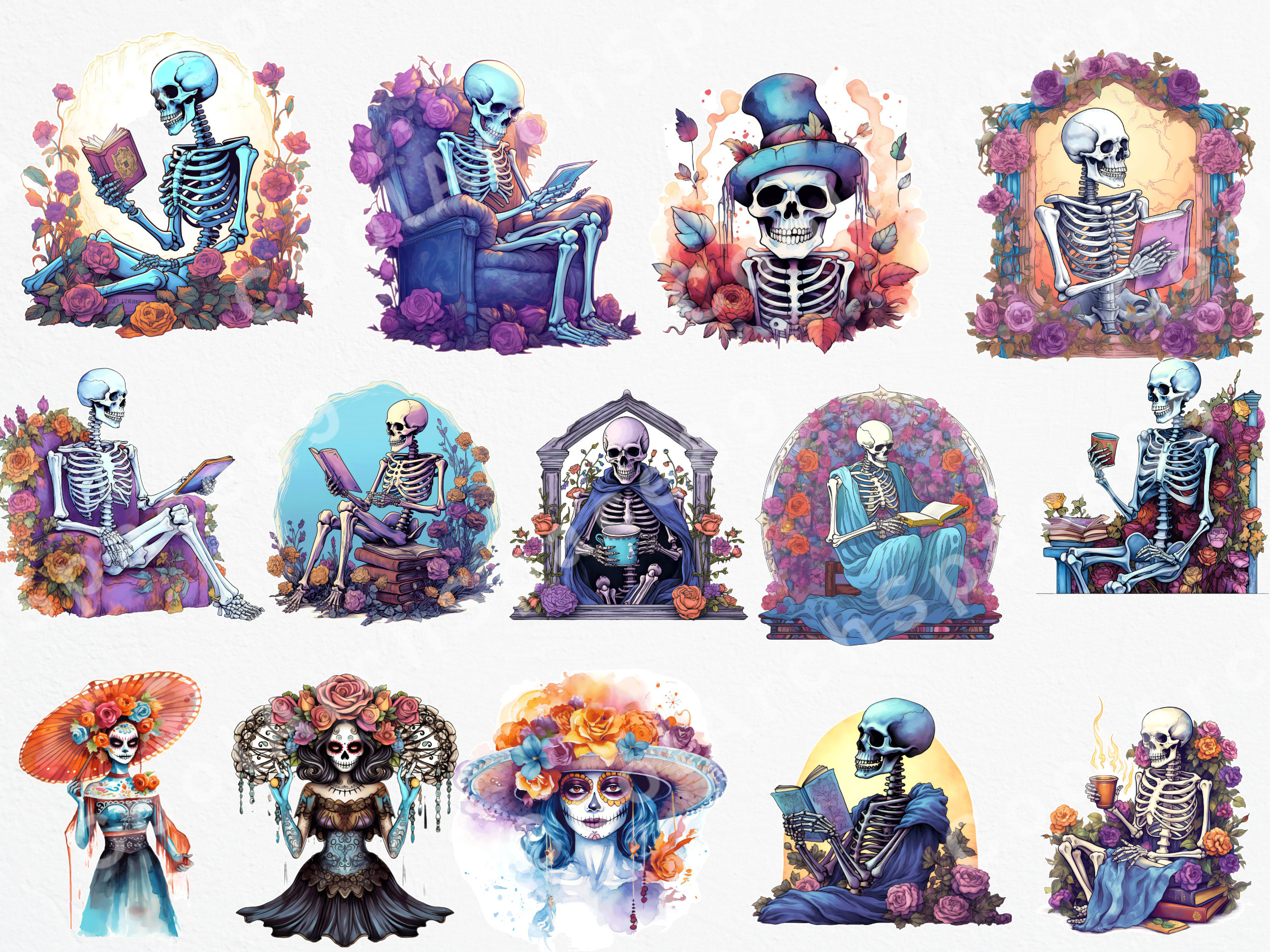 130 Skeletons Watercolor Clipart Bundle PNG , Skeleton Skull Images ...