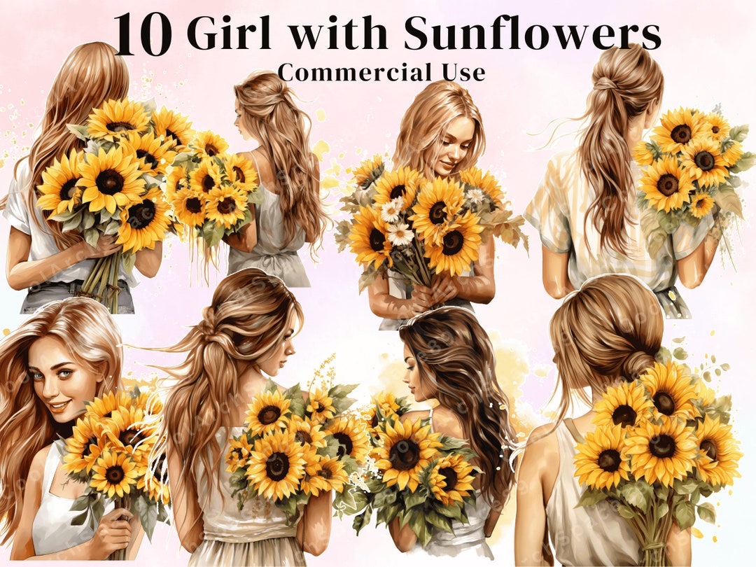 10 Girl With Sunflowers Clipart ,summer Clipart ,sunflower Planner ...