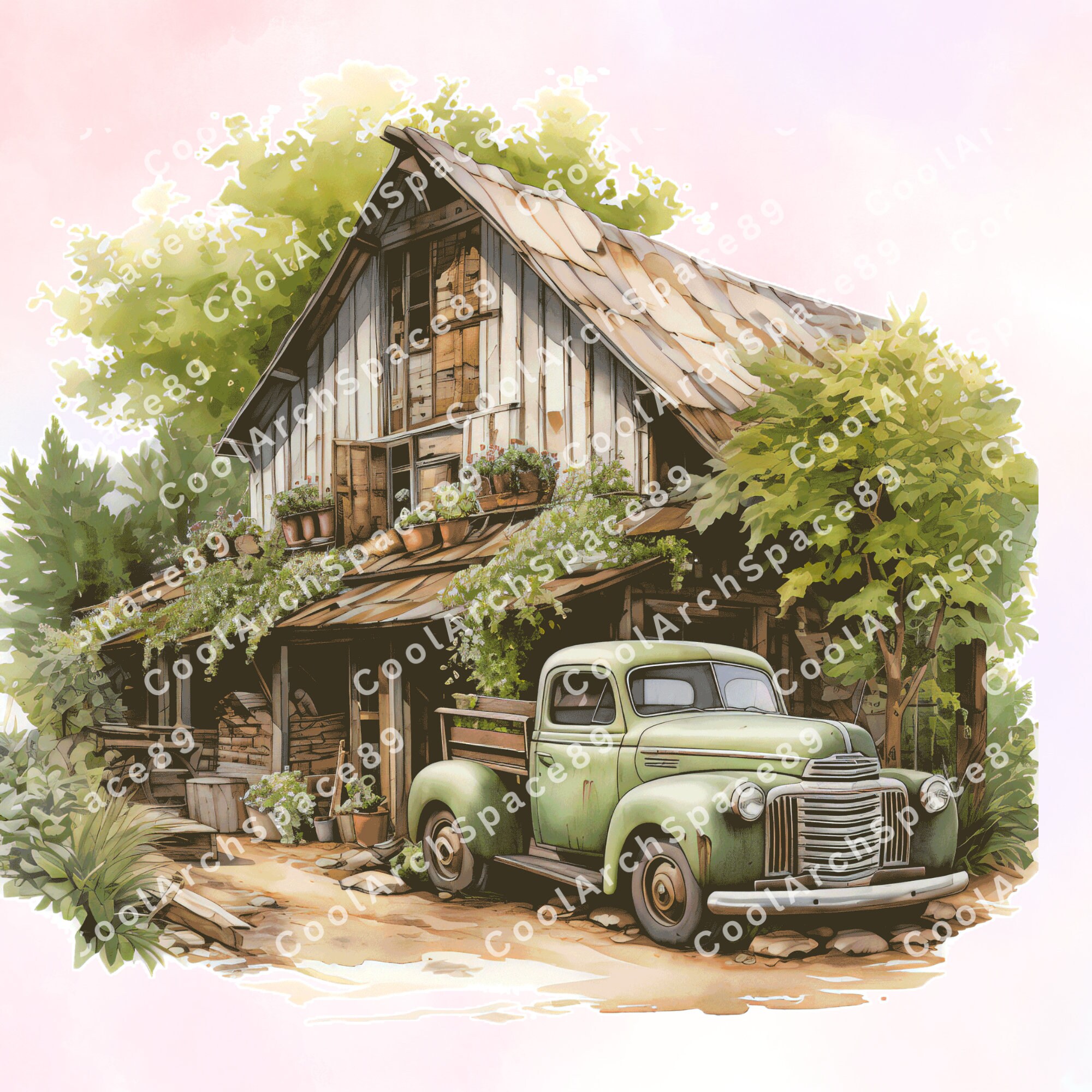 12 Truck Farm Barns Clipart PNG Sublimation Bundle , Watercolour ...