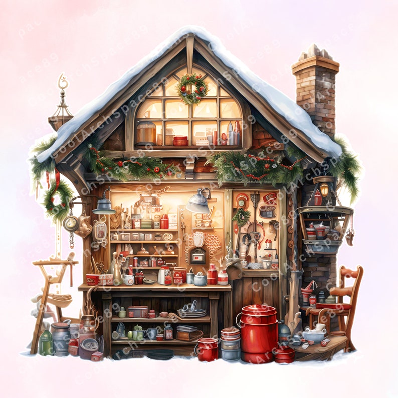 14 Santa's Workshop Clipart Bundle PNG, Watercolor Winter Christmas ...