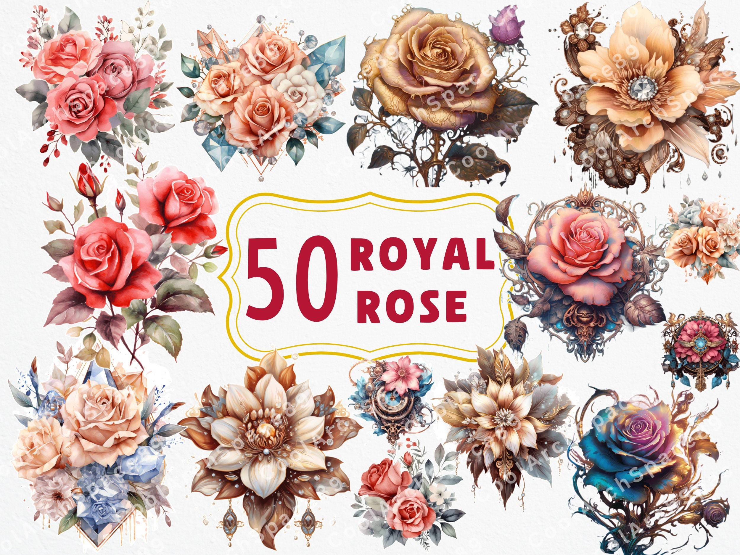 50 PNG Royal Roses Boho Pastel Clipart Bundle Jewelled Rose - Etsy