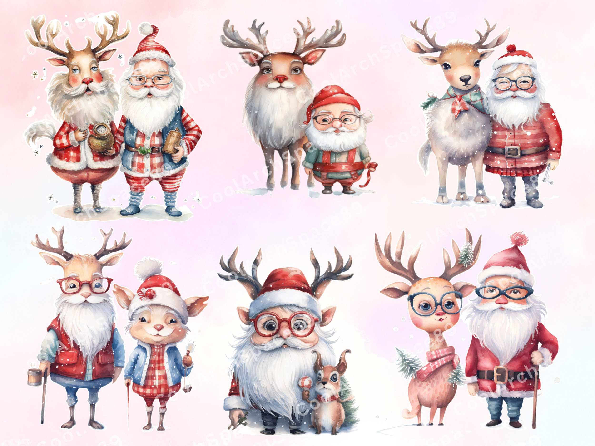 17 Santa Reindeer Watercolor PNG Bundle , Santa Claus Clipart ...