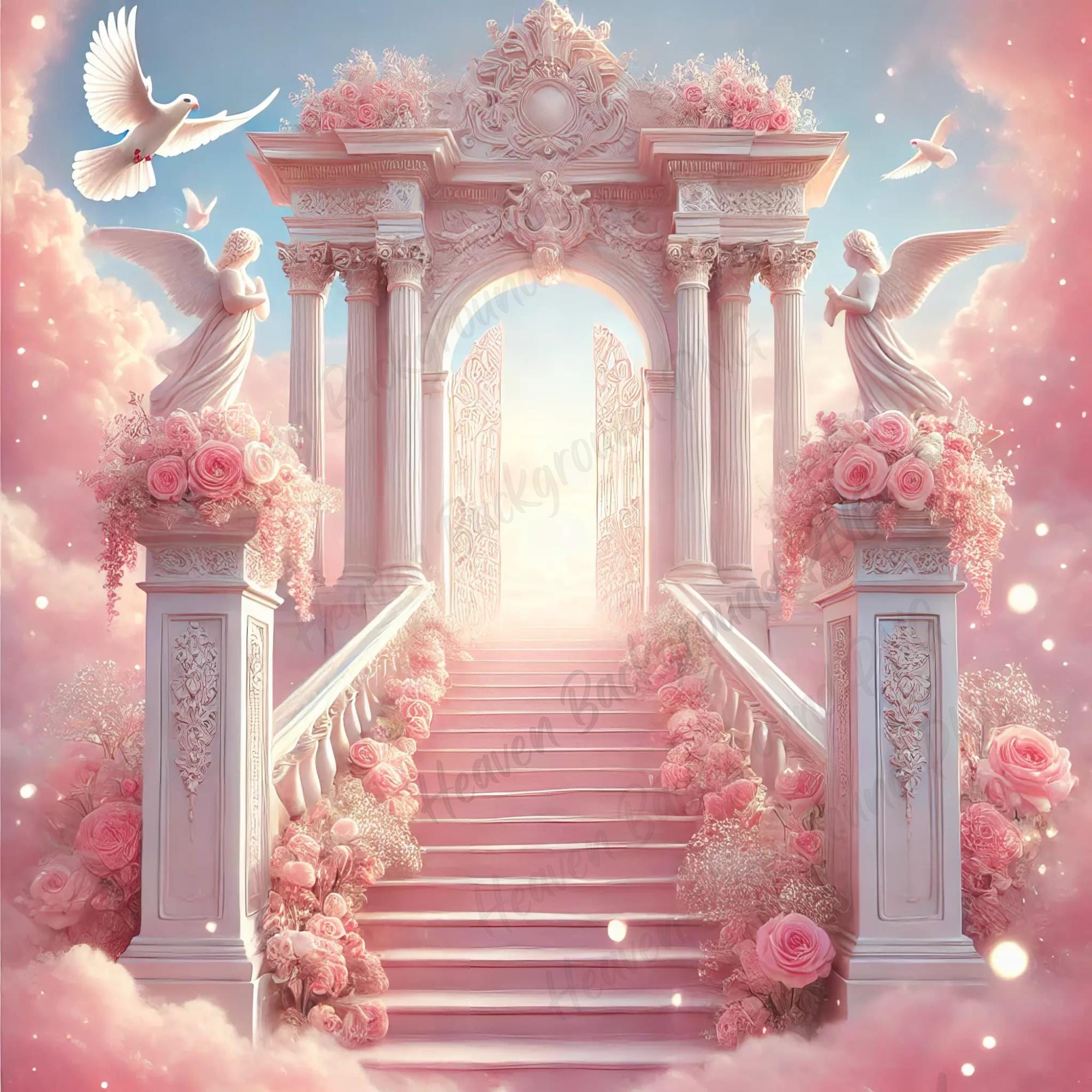 Pink Sky Heaven Background: Christian Funeral, Flowers, Doves (digital ...