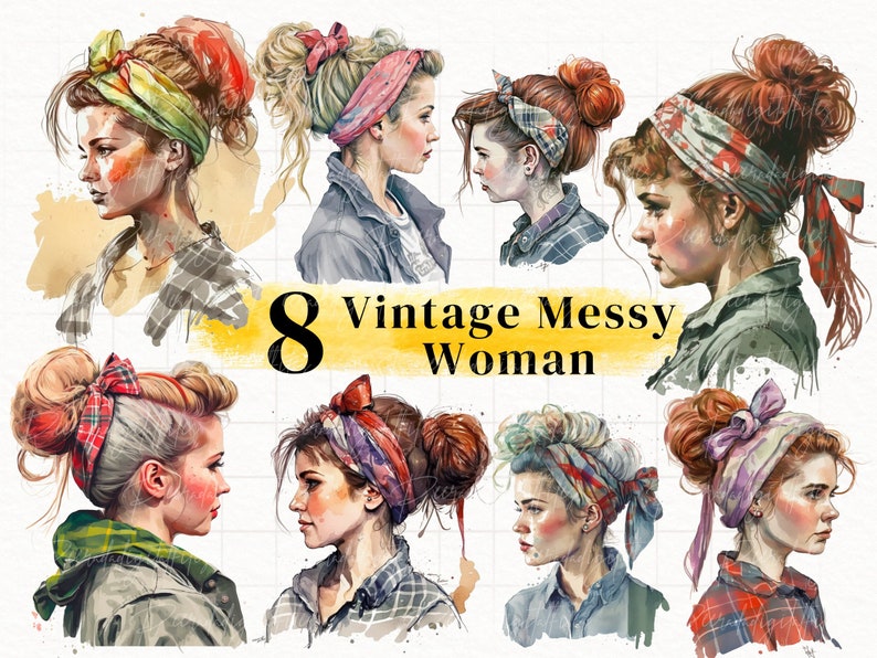 8 Girl Messy Bun Clipart PNG Watercolor Woman Sublimation Digital ...