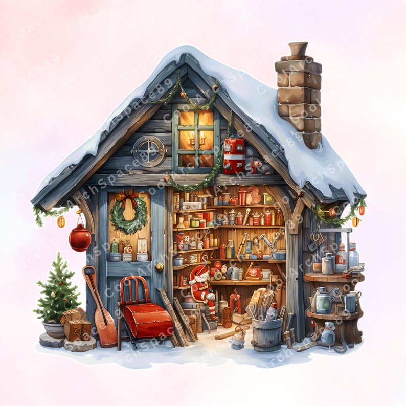 14 Santa's Workshop Clipart Bundle PNG, Watercolor Winter Christmas ...