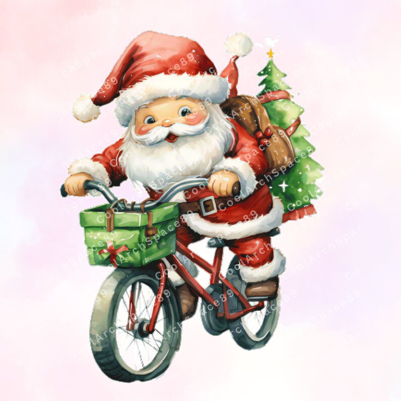 13 Watercolor Santa Claus With Green Bike Clipart Bundle, Digital ...