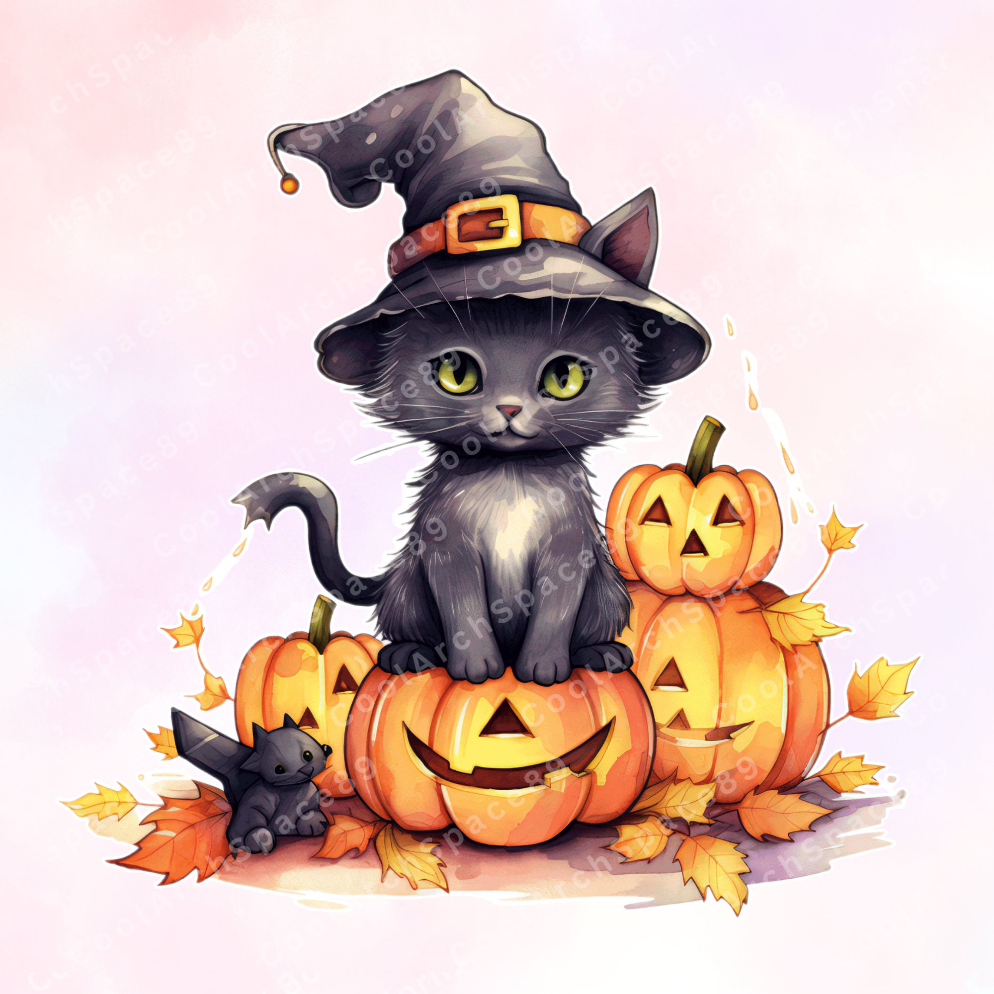 8 Halloween Black Cat Clipart, Watercolor Kitten Clipart, Halloween PNG ...