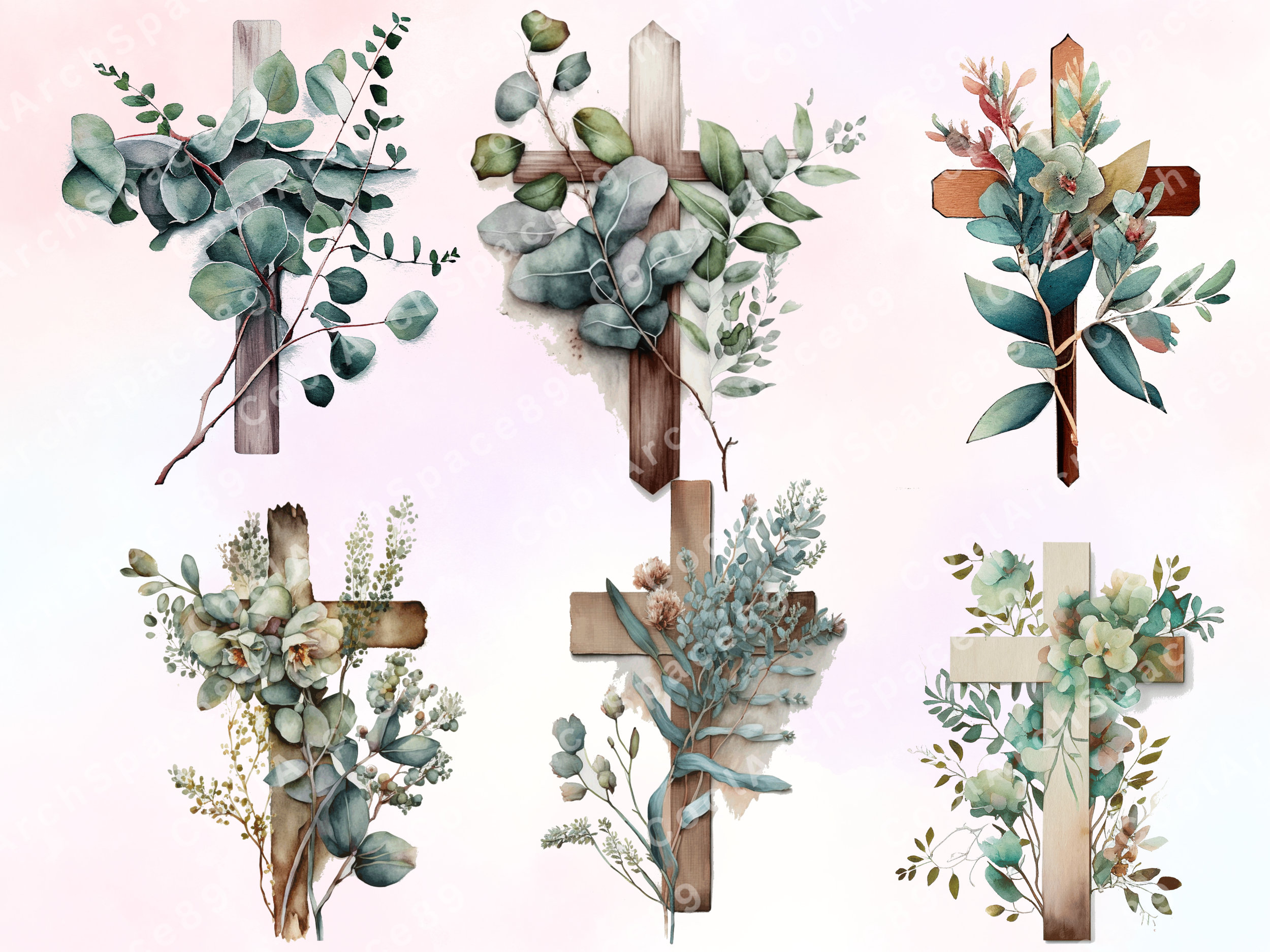 33 FLOWER CROSS & Eucalyptus Wooden Cross Watercolor Clipart ...
