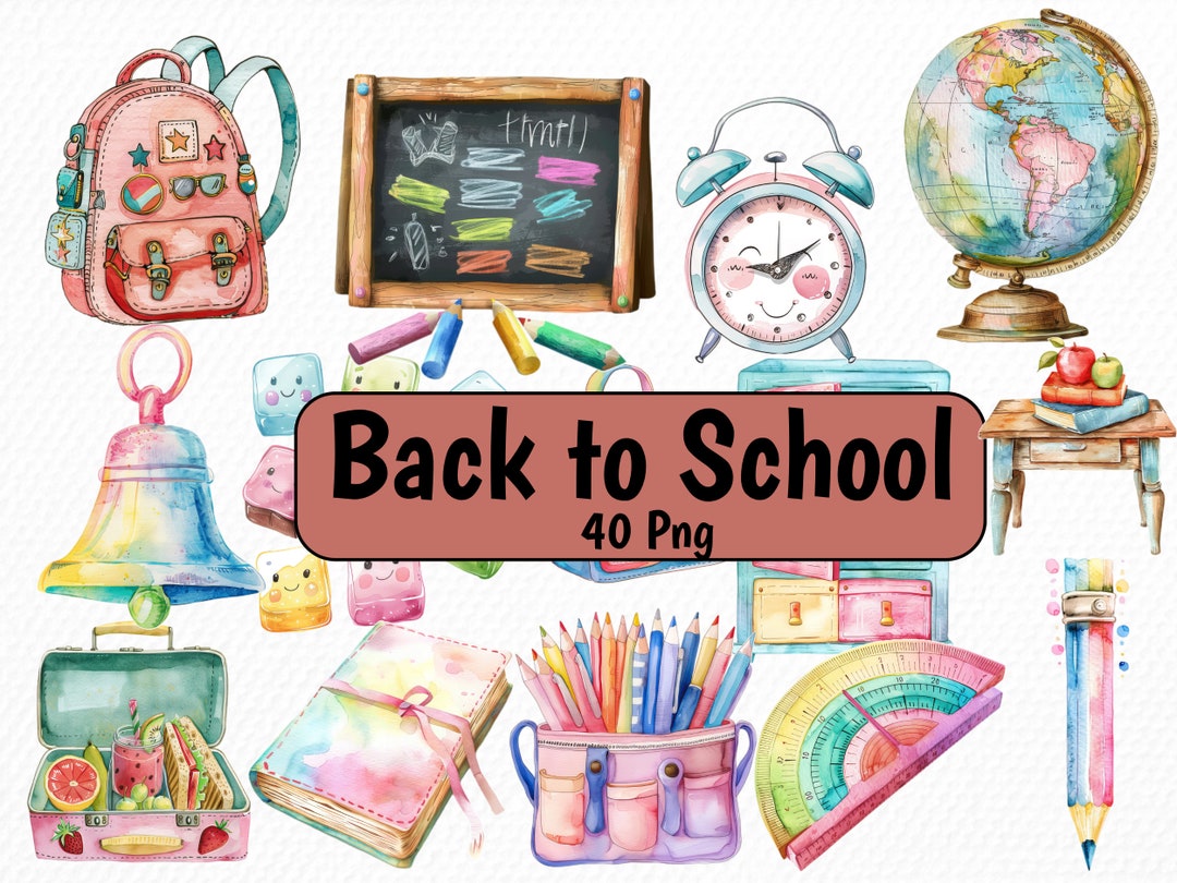 40 PNG Watercolor Back to School , Clip Art PNG Digital Downloads. - Etsy