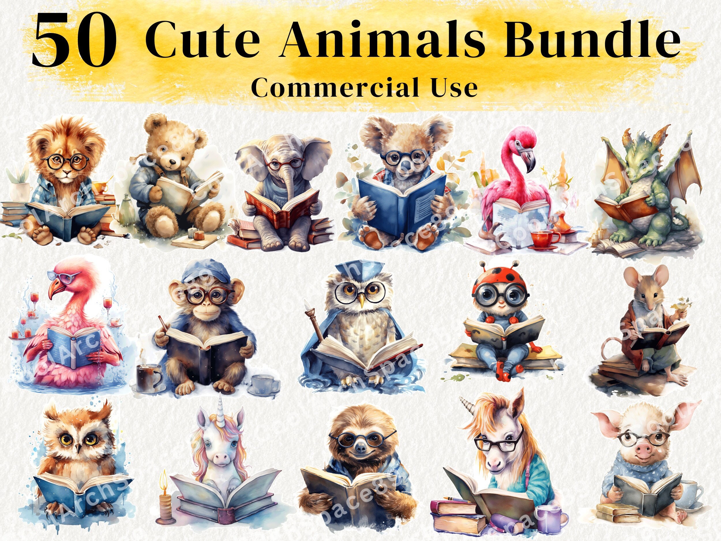 50 Cute Animals Bundle Clipart, Mega Bundle Watercolor Animal Bundle ...