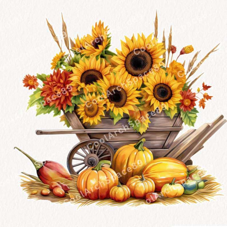 12 Watercolor Fall Wheelbarrows Bundle Clipart Autumn - Etsy