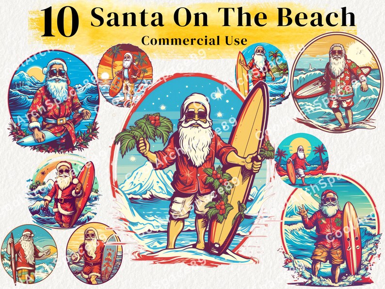 10 Santa on the Beach Clipart. Digital Art & Sublimation. Christmas in ...