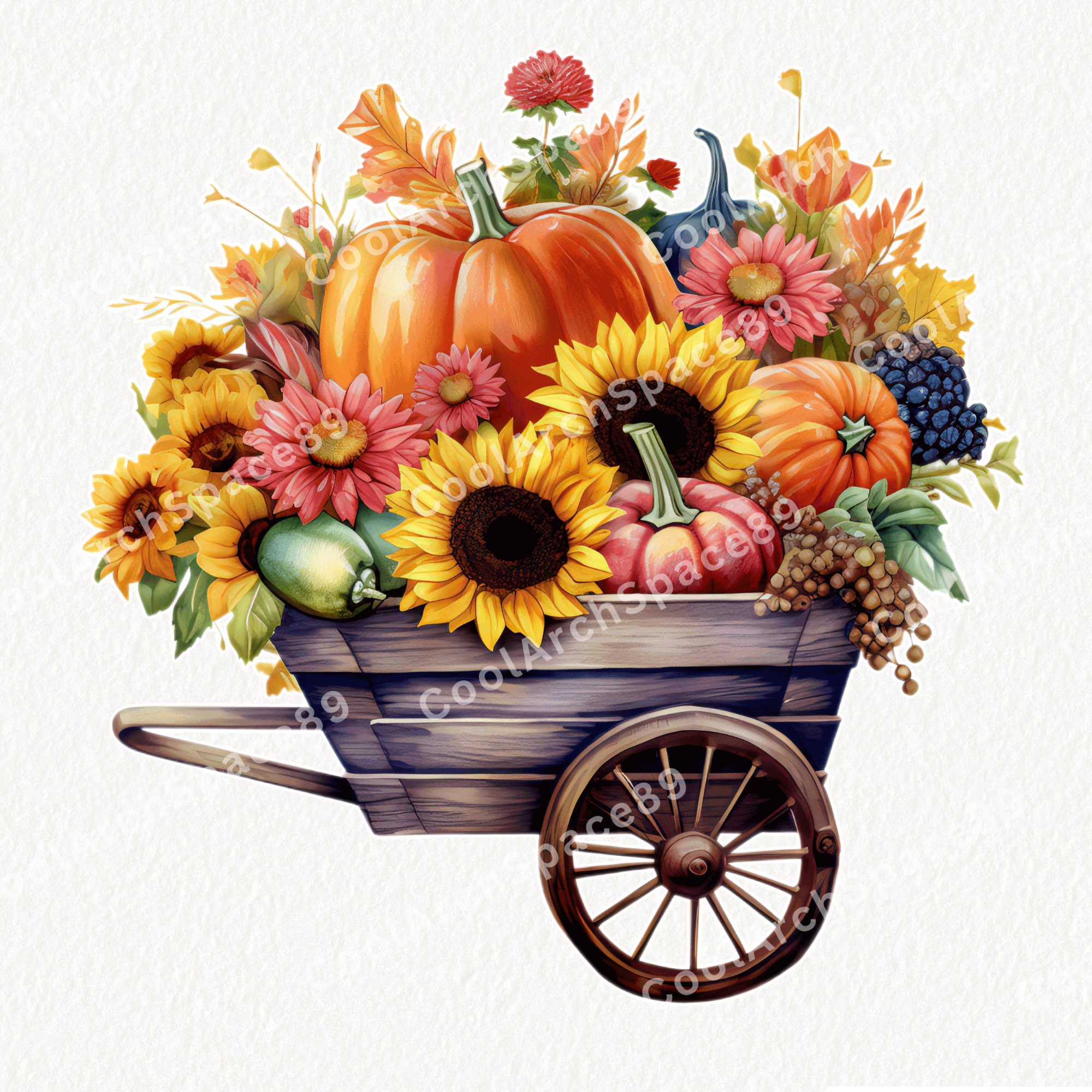 12 Watercolor Fall Wheelbarrows Bundle Clipart , Autumn Pumpkin and ...