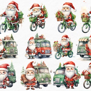 70 Watercolor Christmas Clipart Bundle , Santa Riding Motorcycle & Cars ...