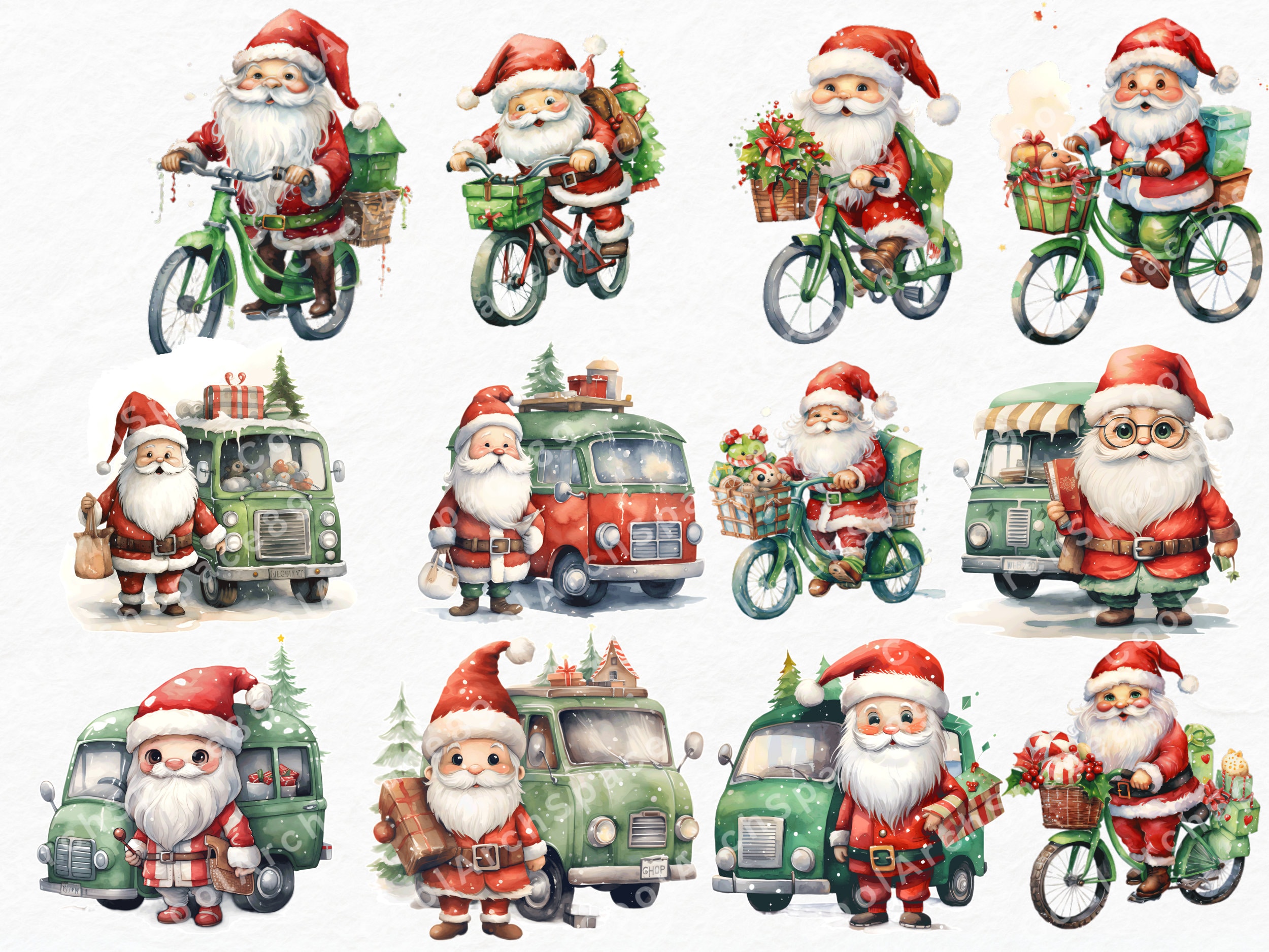 70 Watercolor Christmas Clipart Bundle , Santa Riding Motorcycle & Cars ...