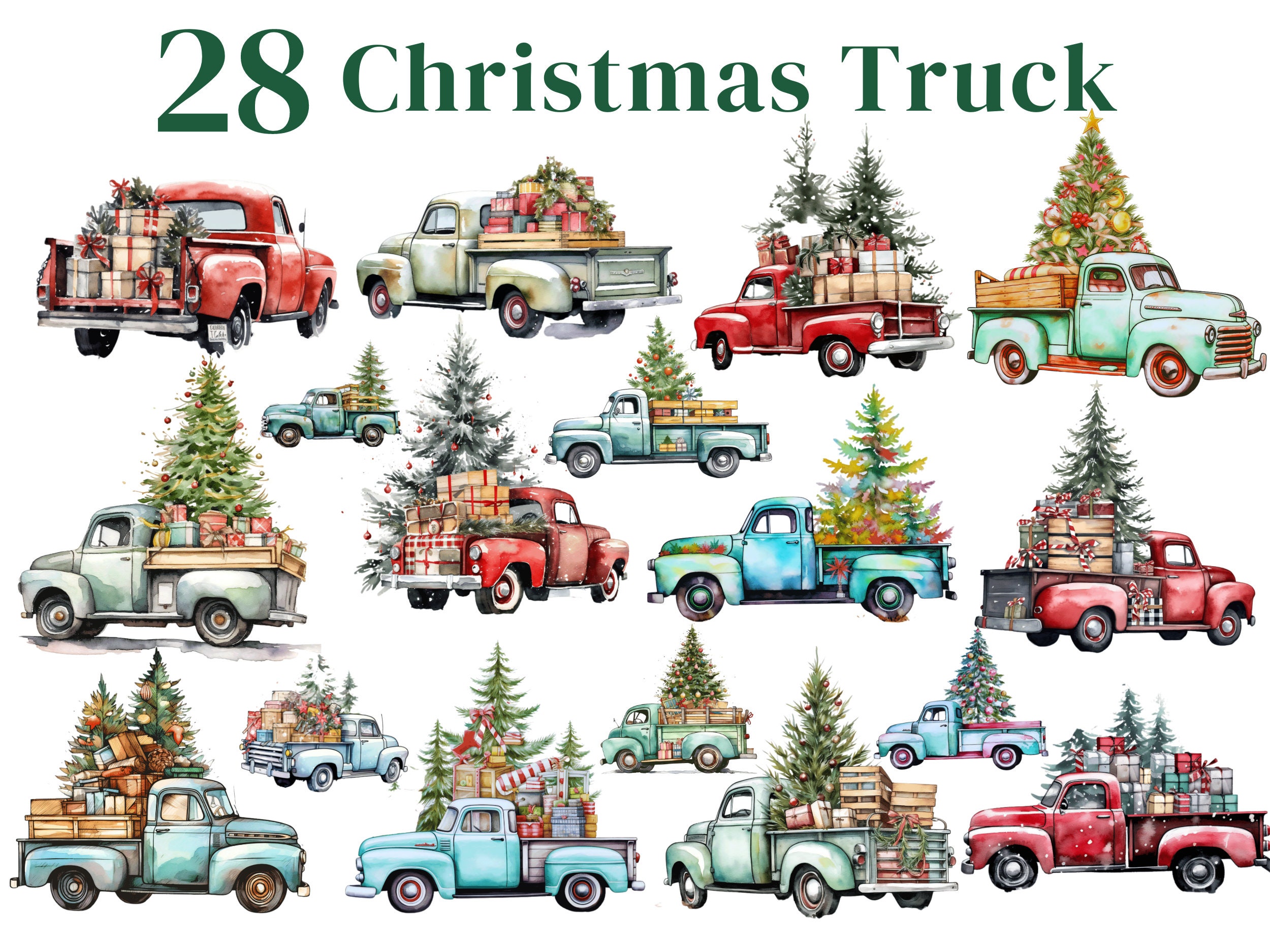 28 PNG Christmas Truck PNG, Watercolor Clipart Bundle , Junk Journal ...