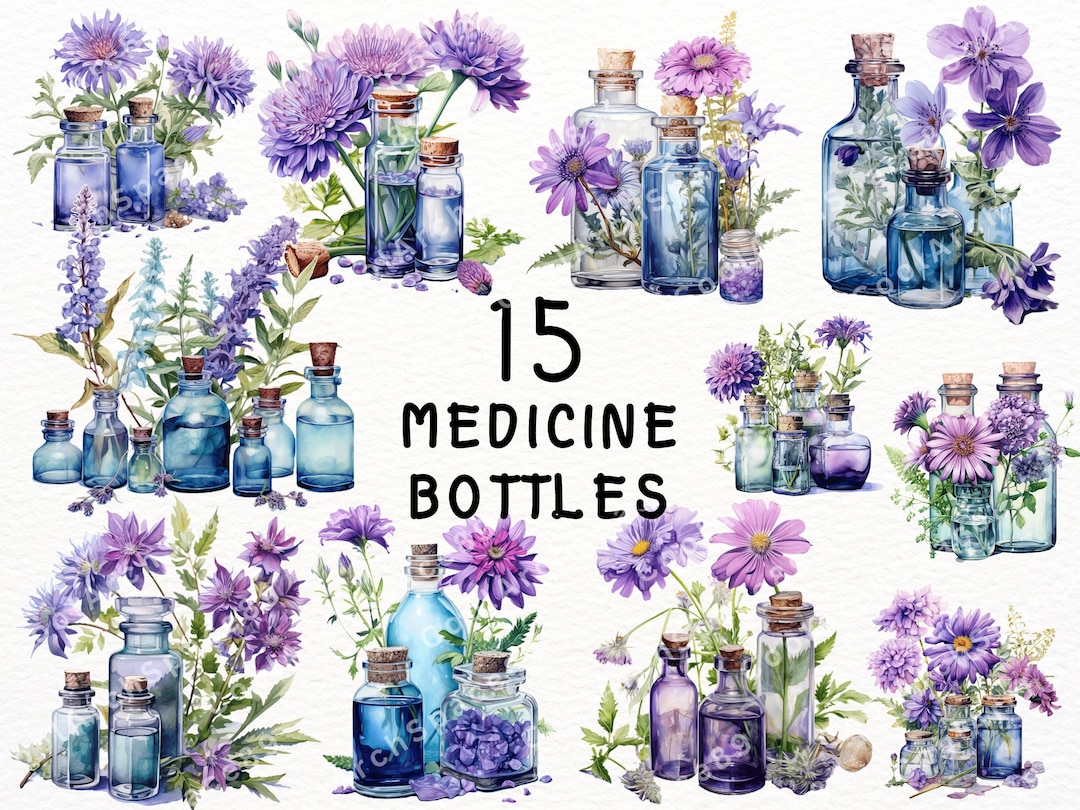 15 PNG Medicine Bottles Flowers Watercolor Clipart Bundle, Vintage ...