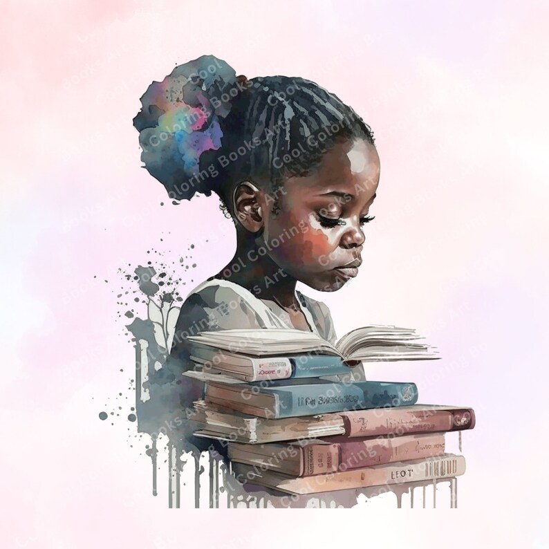 15 Watercolour Black Girl Reading Clipart Girl Studying - Etsy