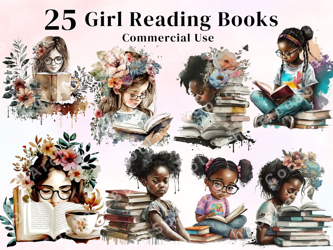 25 Watercolour Black Girl Reading Clipart, Girl Studying Clipart, Book ...