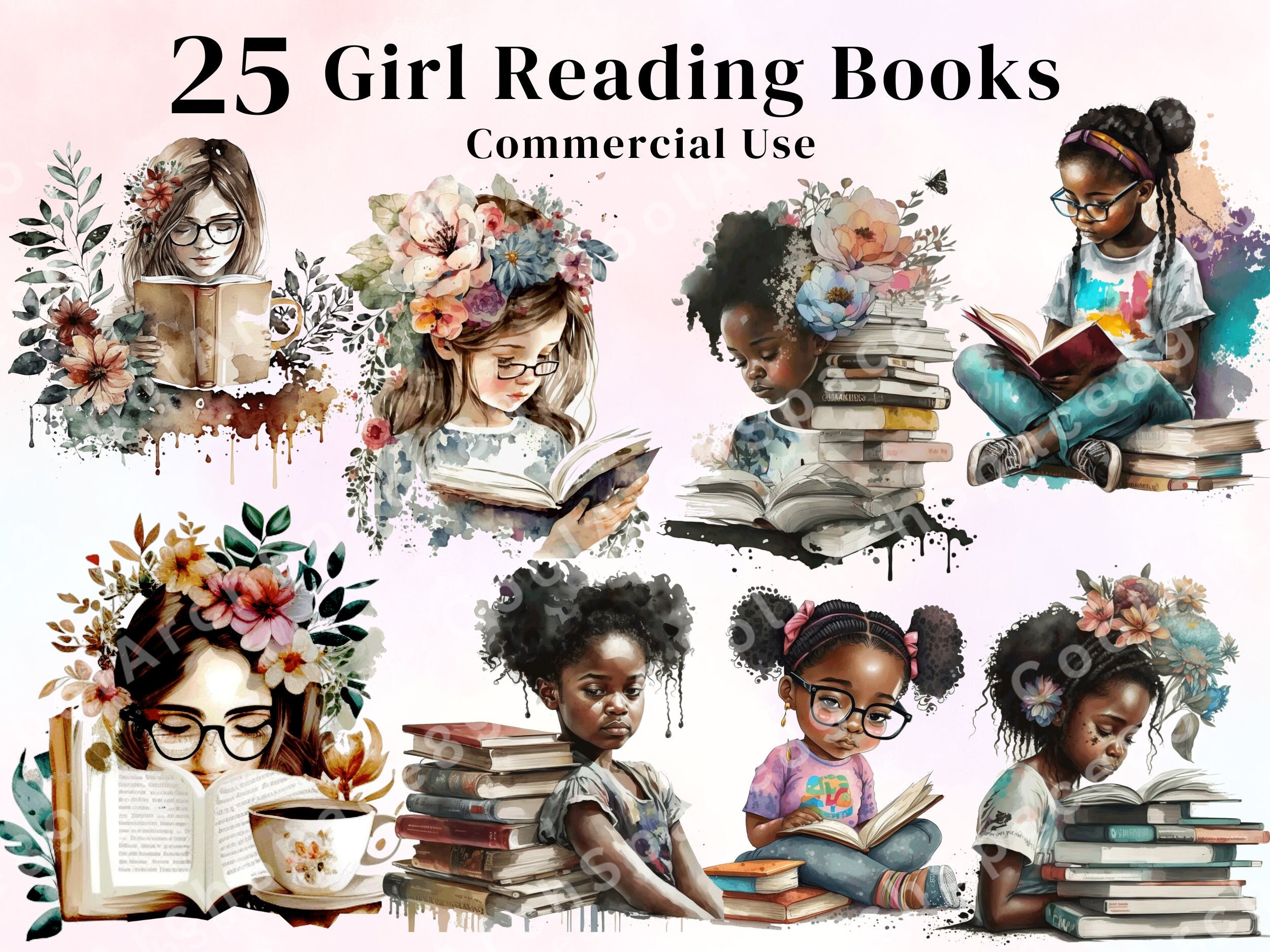 25 Watercolour Black Girl Reading Clipart, Girl Studying Clipart, Book ...