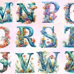 52 Alphabet Under Ocean and Floral , Underwater World Watercolor Png ...