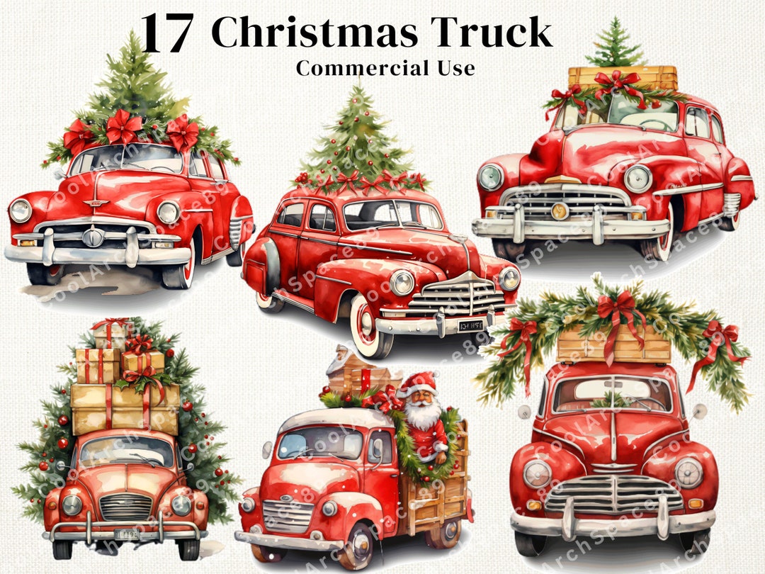 Watercolor Christmas Truck Clipart, Vintage Red Pickup (PNG) - Etsy
