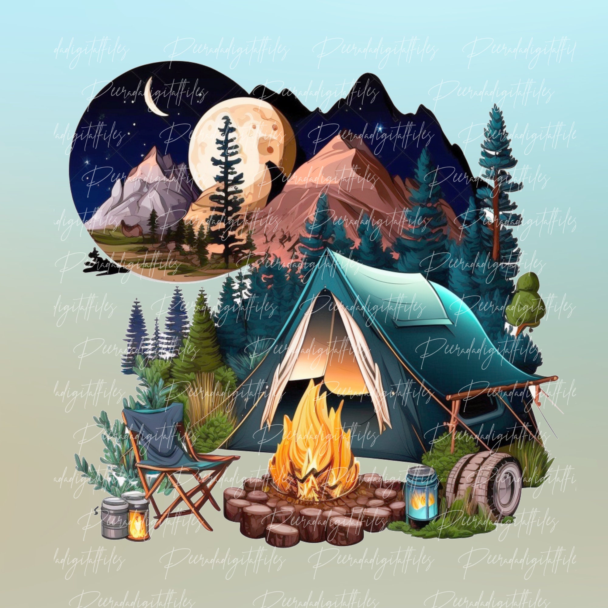5 Watercolour Camping at Night Clipart Bundle, Clip Art , Sublimation ...