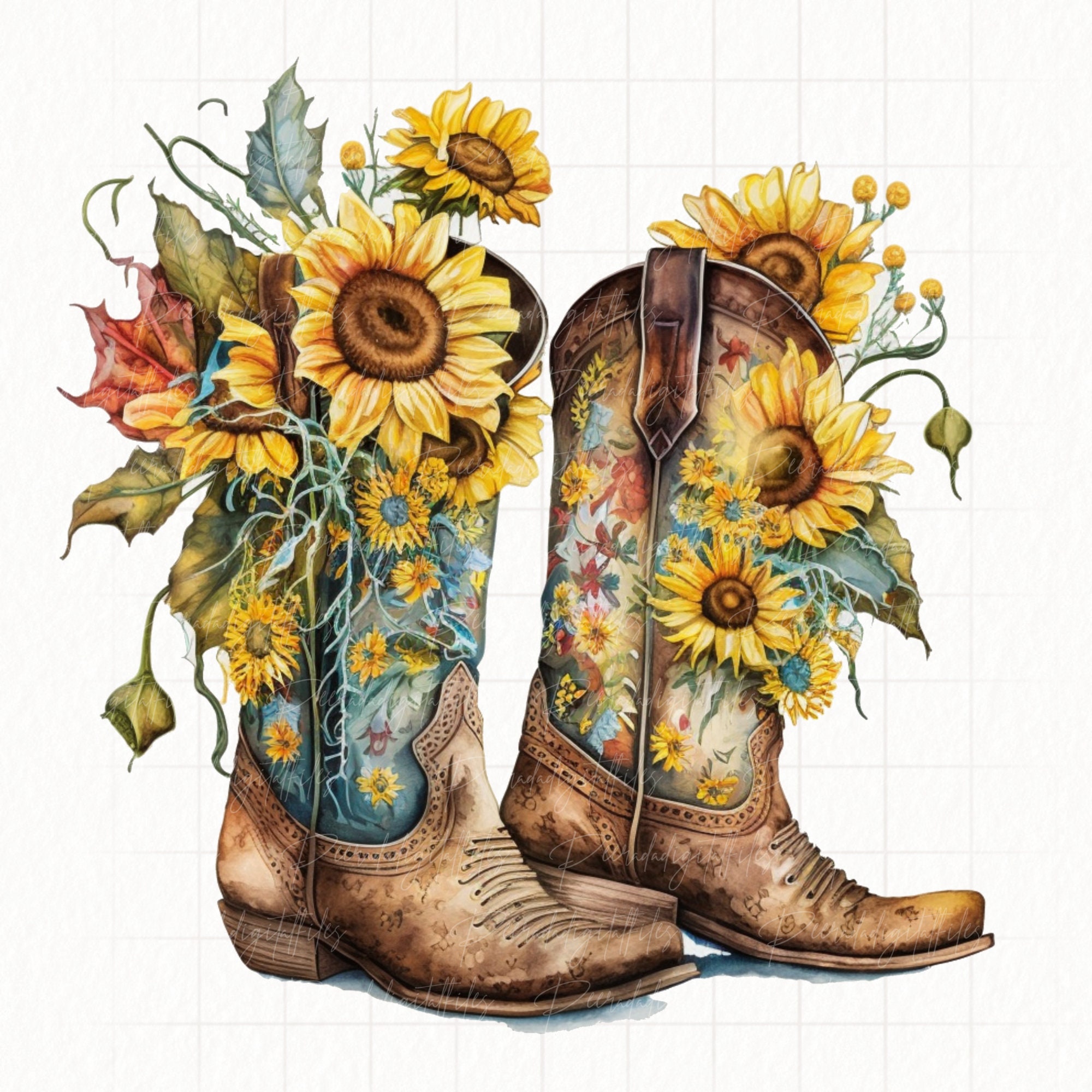 24 Cowgirl Boots , Sunflowers Boot Bundle , Watercolor Cowboy Boots ...