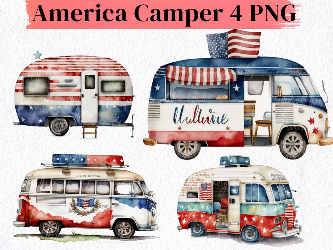 4th of July Camper Watercolor 4 PNG ,camp USA Clipart , Retro Camper ...