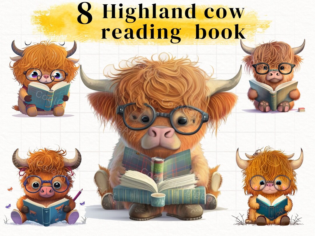 8 Highland Cow Reading a Book Bundle sublimation Files - Etsy