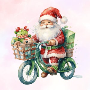 13 Watercolor Santa Claus With Green Bike Clipart Bundle, Digital ...