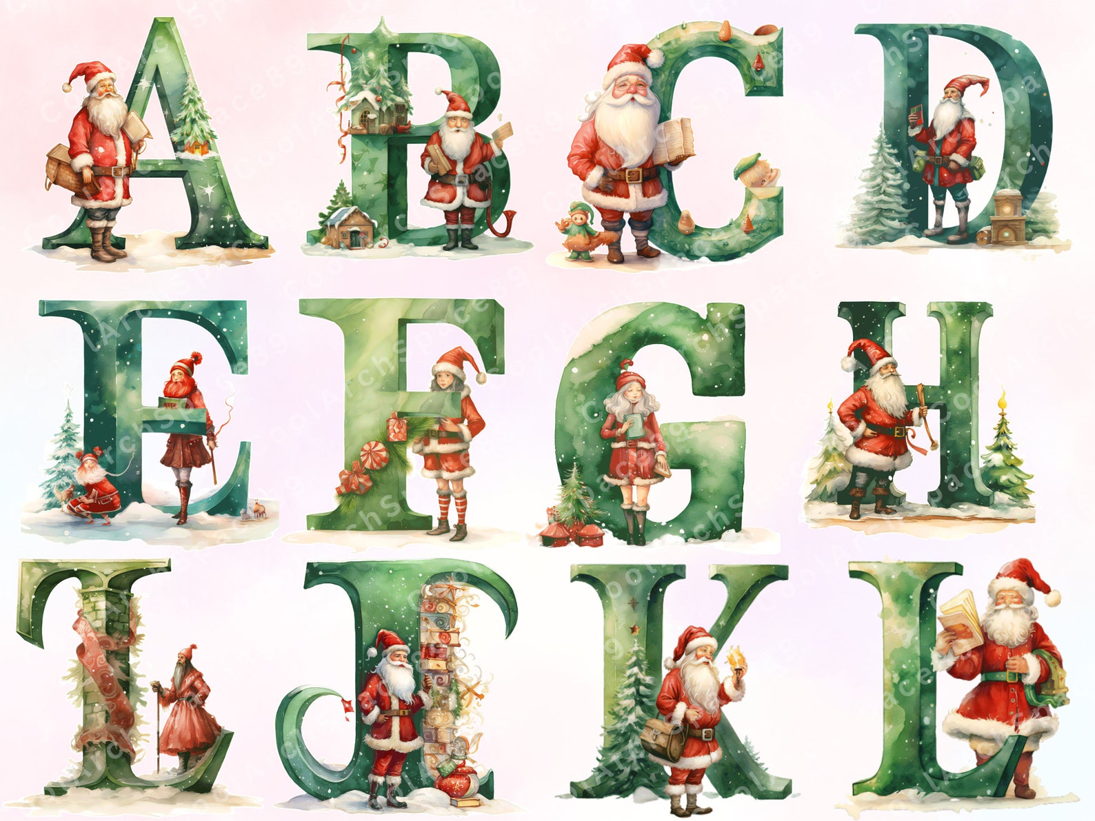Watercolor Letter Santa Alphabet Watercolor Clipart, Floral Letters ...